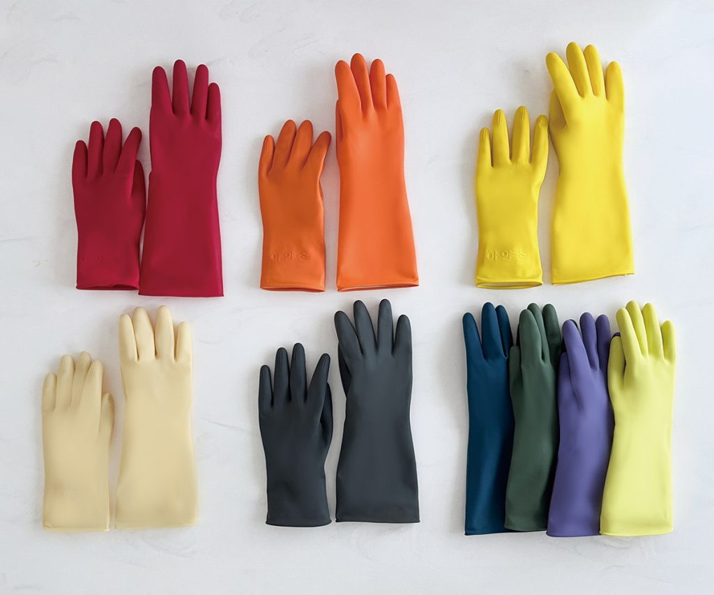 Colored rubber gloves from a household rubber gloves brand, rubberlab